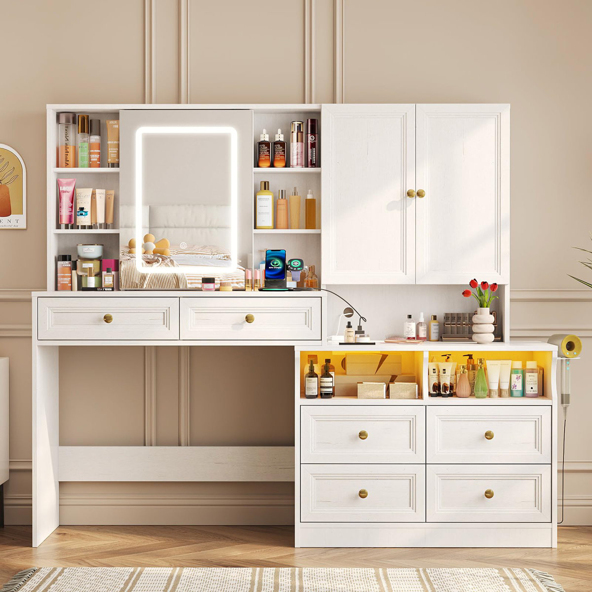 Ivy Bronx 58.6" Large Vanity Desk With Sliding Mirror & Lights | Wayfair